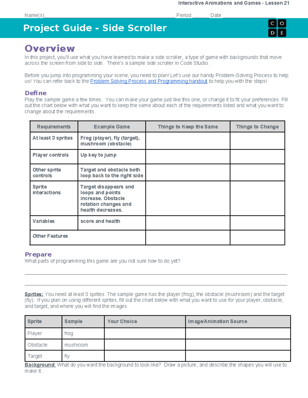 U3L21 - Mini-Project Guide: Creating a Side Scroller Game - Studocu