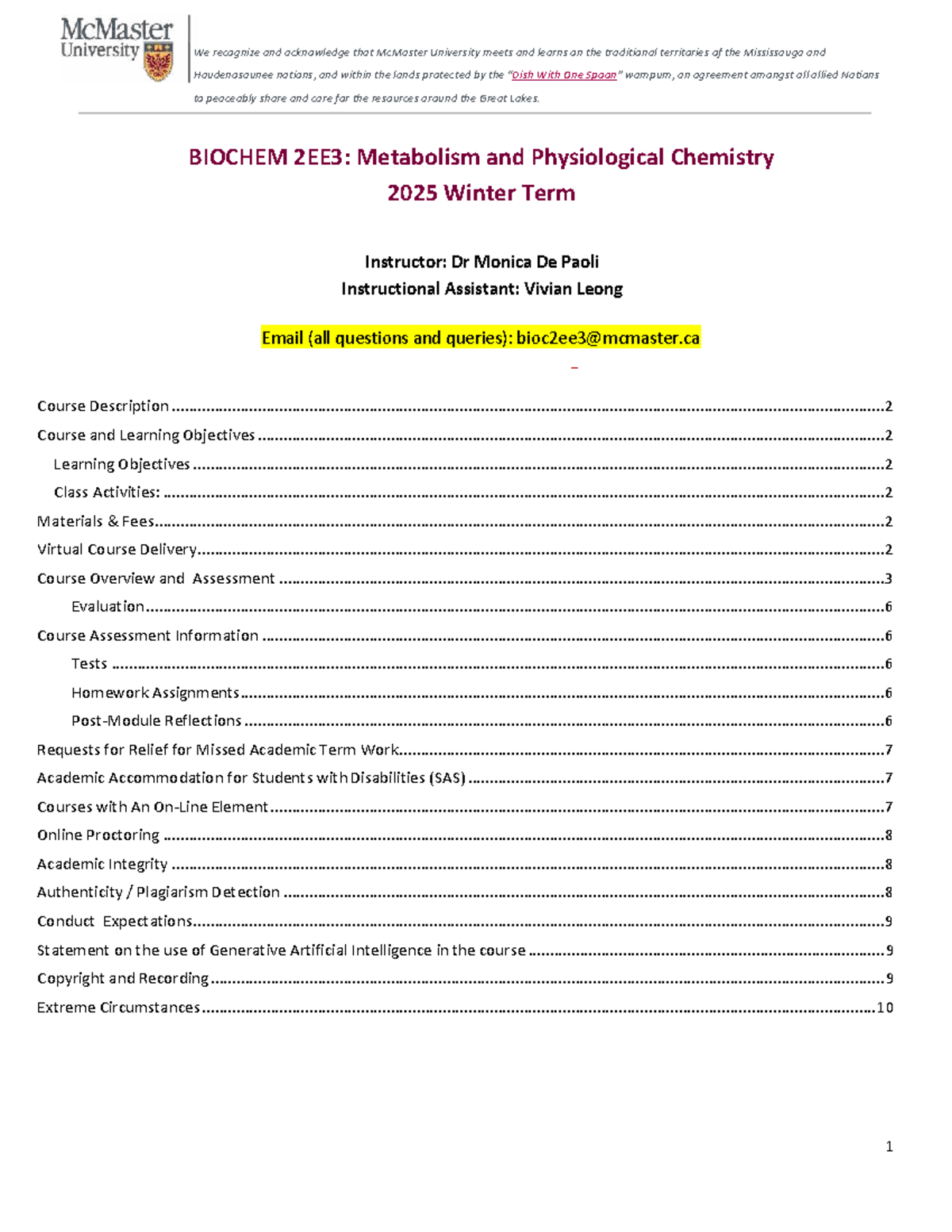 Biochem 2ee3 Winter 2025 Course Syllabus And Assessment Overview Studocu