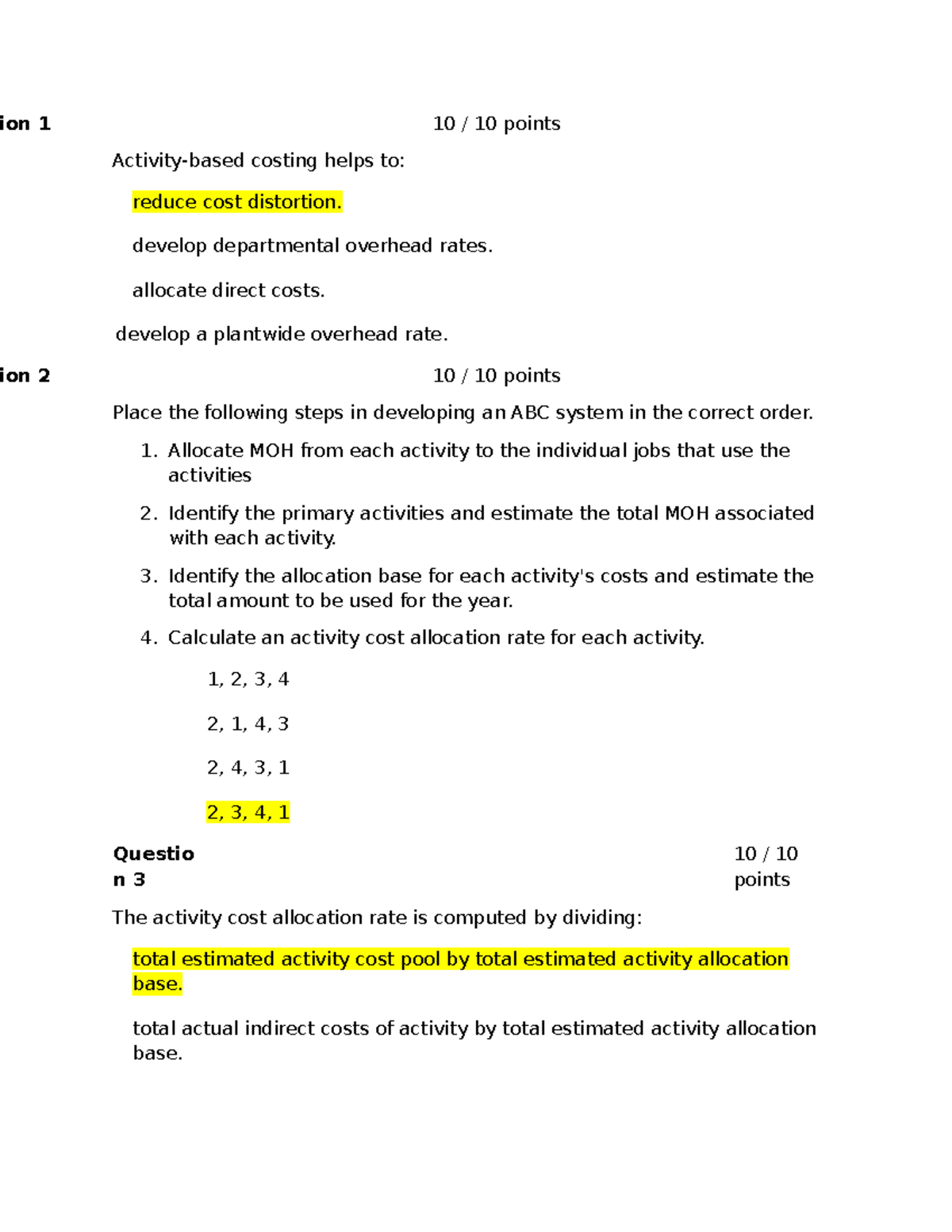 Chapter 4 Quiz Answers -M ACCT - 10 / 10 points Activity-based costing ...
