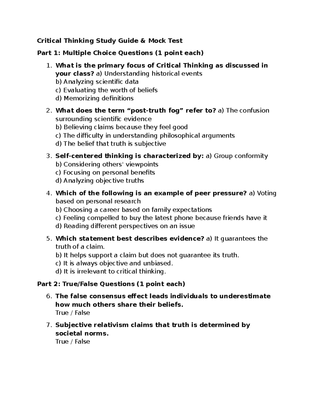 Critical Thinking Study Guide & Mock Test for Midterm Exam - Studocu