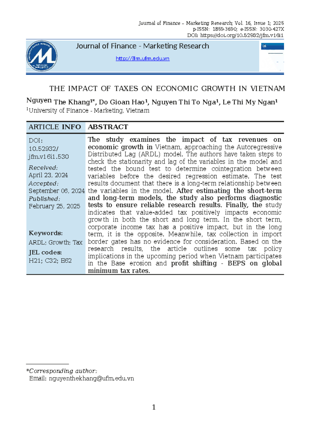 Tác Động Của Thuế Đến Tăng Trưởng Kinh Tế Ở Việt Nam - JFM 2025 Vol. 16 ...