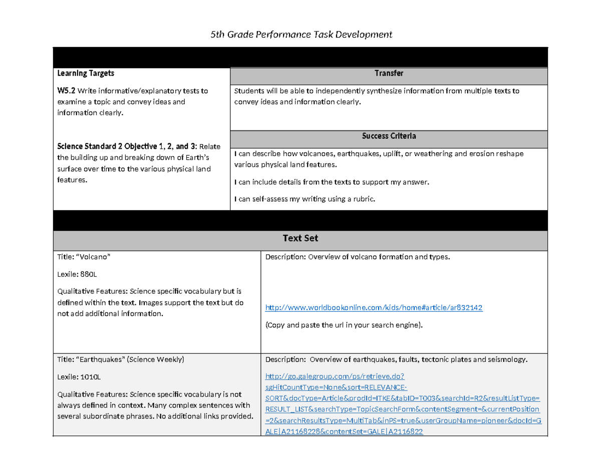 5th Grade Performance Task: Understanding Forces and Landforms - Studocu