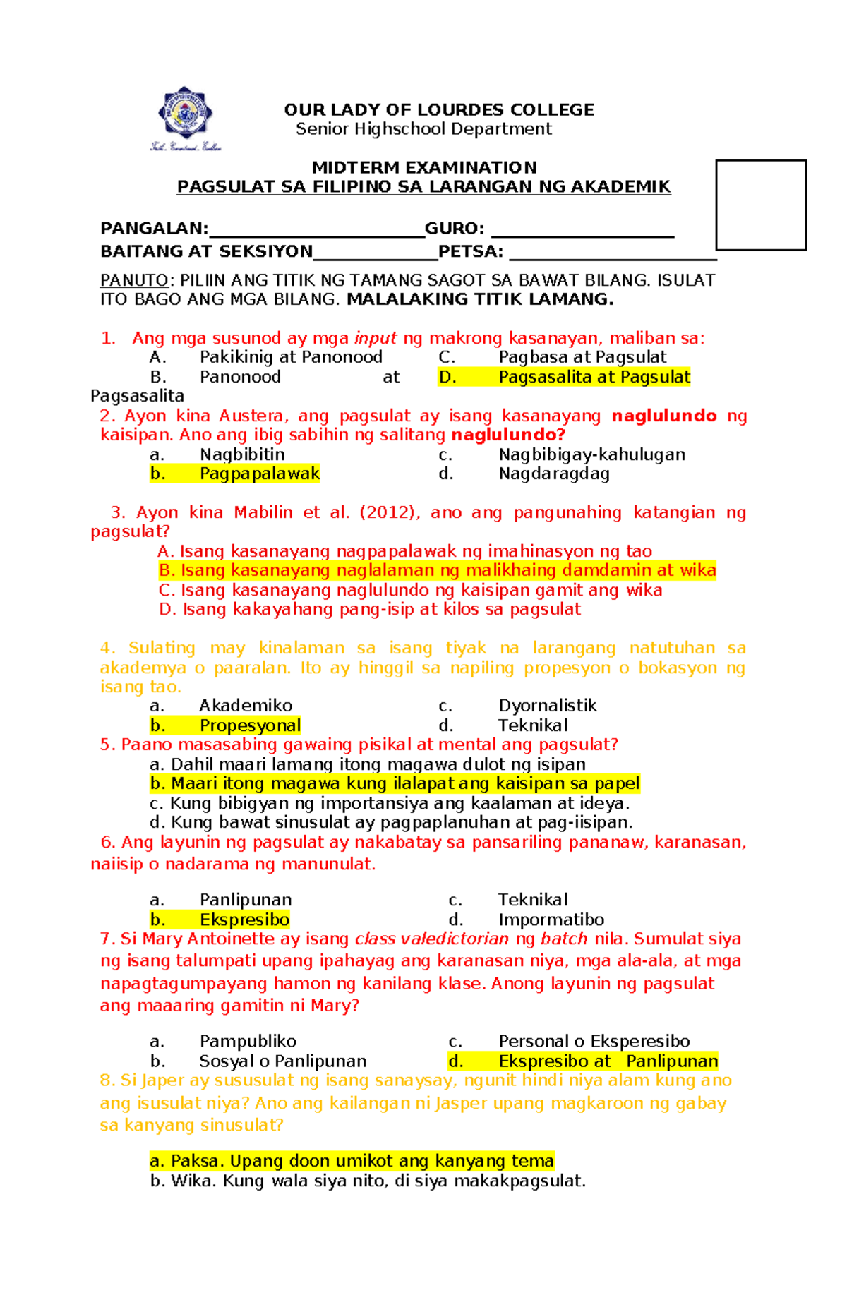 PAGSULAT SA FILIPINO (Pagfil) MIDTERM EXAMINATION REVIEW NOTES - Studocu
