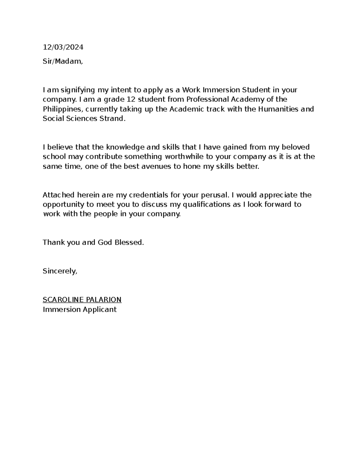 Application Letter for Work Immersion - Grade 12 Student - Studocu
