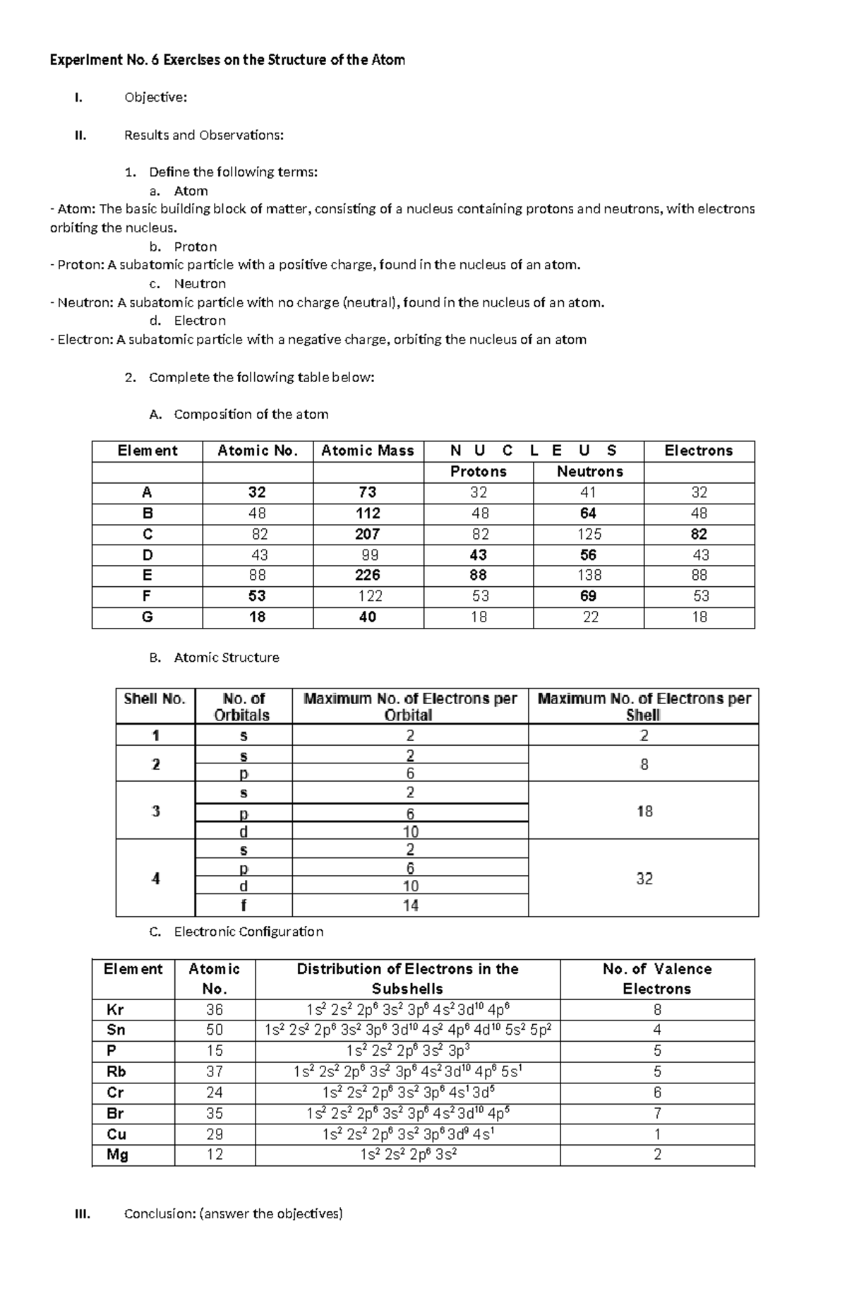 Chem 101 Lab: Experiment 6 - Atomic Structure Exercises - Studocu