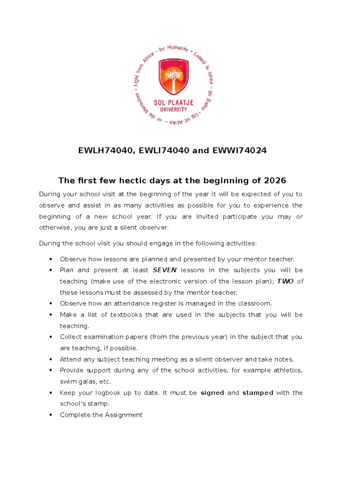 EWLH74040, EWLI74040, EWWI74024 2026 First School Visit Assignment ...
