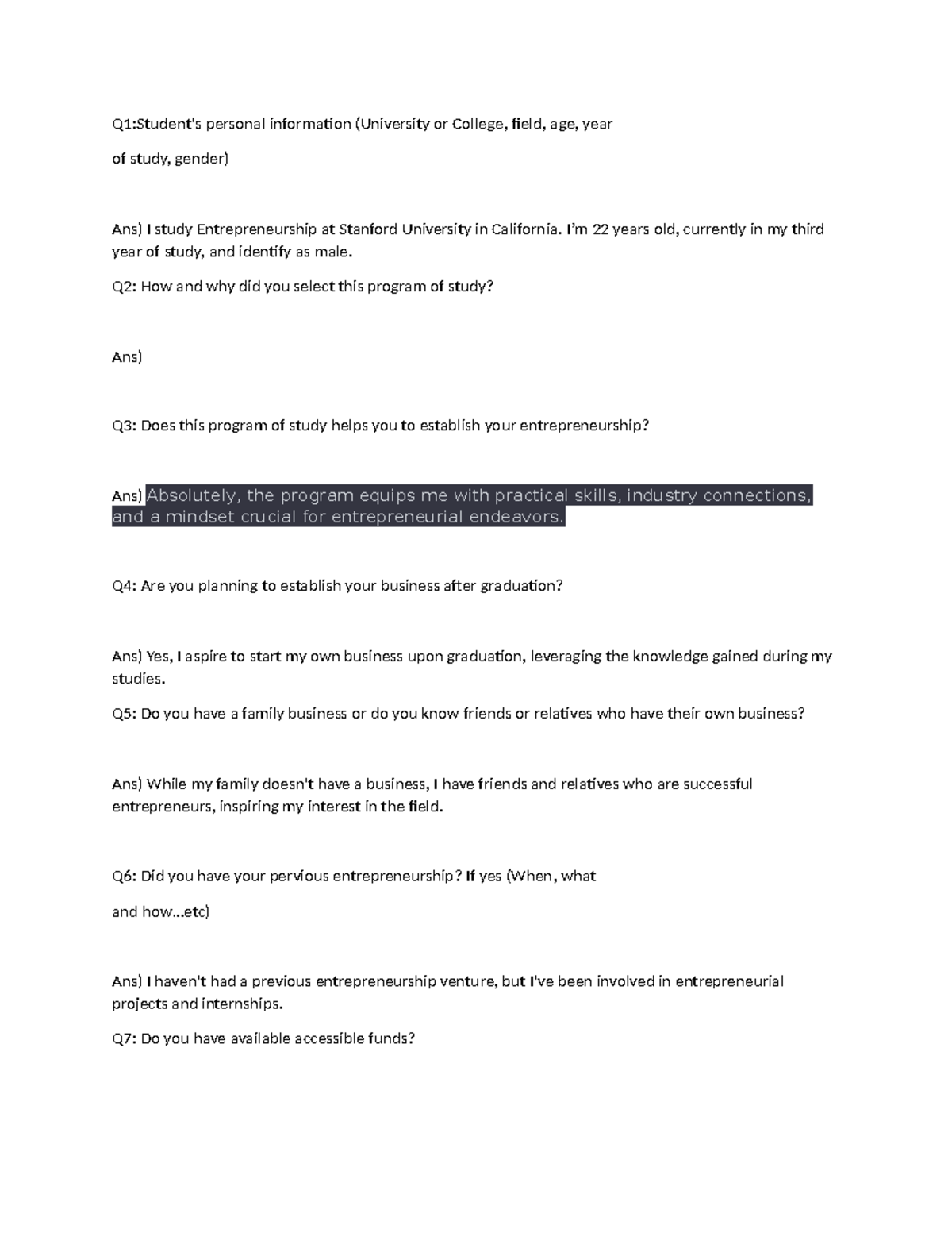 Entrepreneurship Program Insights: Personal Info & Interview Qs - Studocu