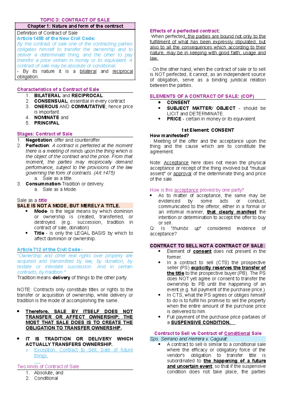Topic 3 Contract OF Sales - TOPIC 3: CONTRACT OF SALE Chapter 1: Nature ...