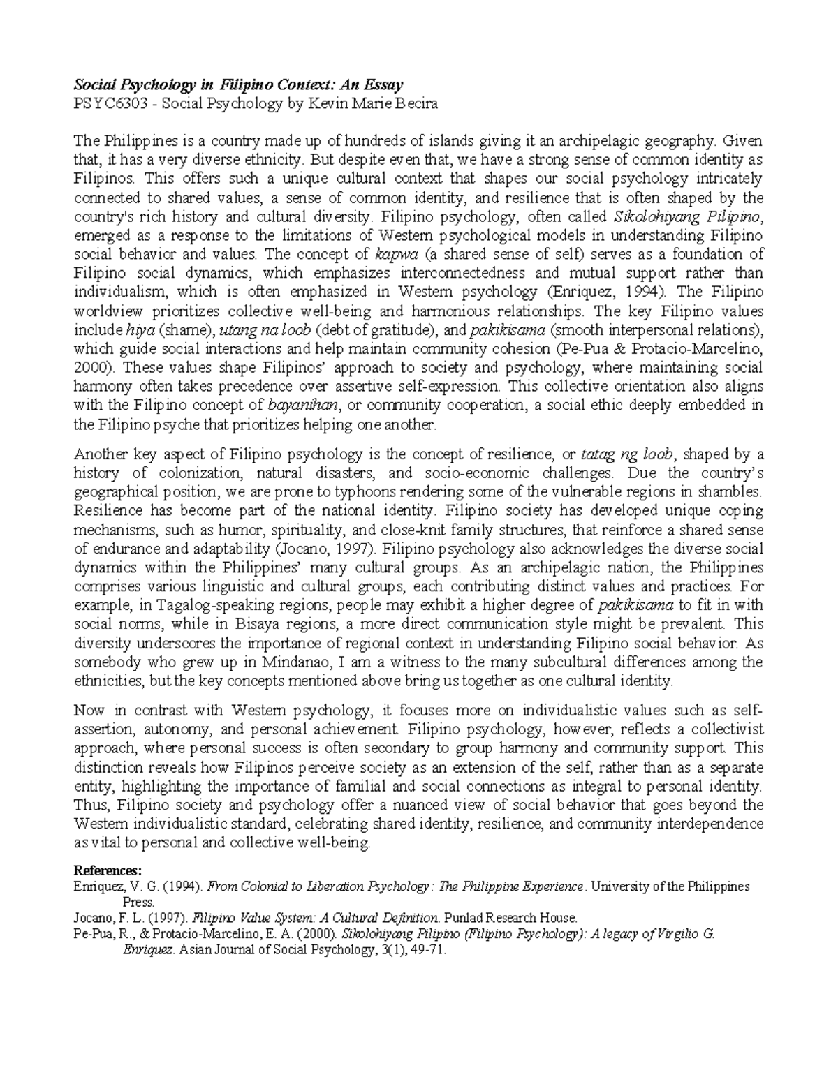 PSYC6303: Social Psychology in the Filipino Context Essay - Studocu