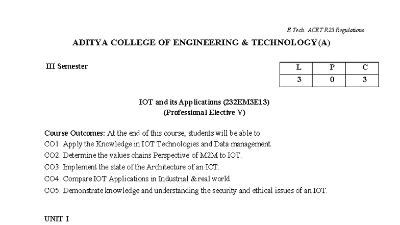 B.Tech. IOT Applications Syllabus (232EM3E13) - Aditya College - Studocu