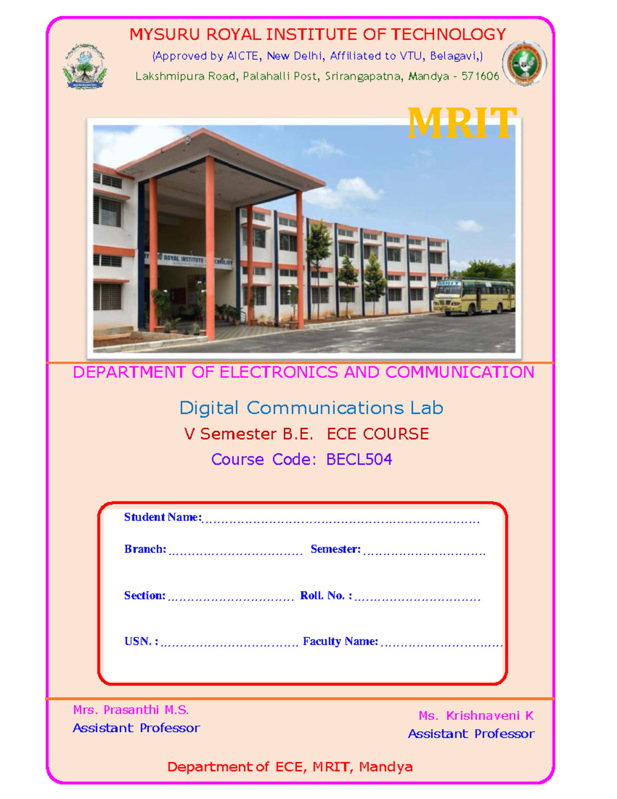 Digital Communications Lab Manual - BECL504 (V Sem B.E. ECE) - Studocu