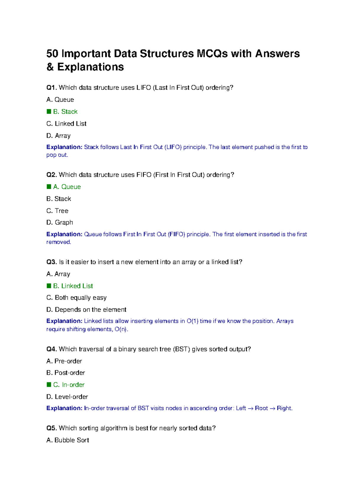 Data Structures 50 MCQs with Answers and Explanations - Studocu