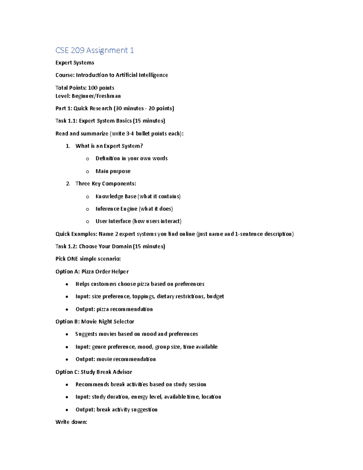 CSE 209 Assignment 1: Expert Systems Design and Integration Guide - Studocu