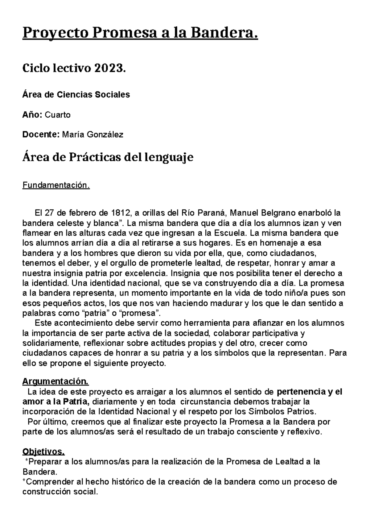 Proyecto Promesa a la Bandera - Áreas Integradas - 4to Ciclo 2023 - Studocu