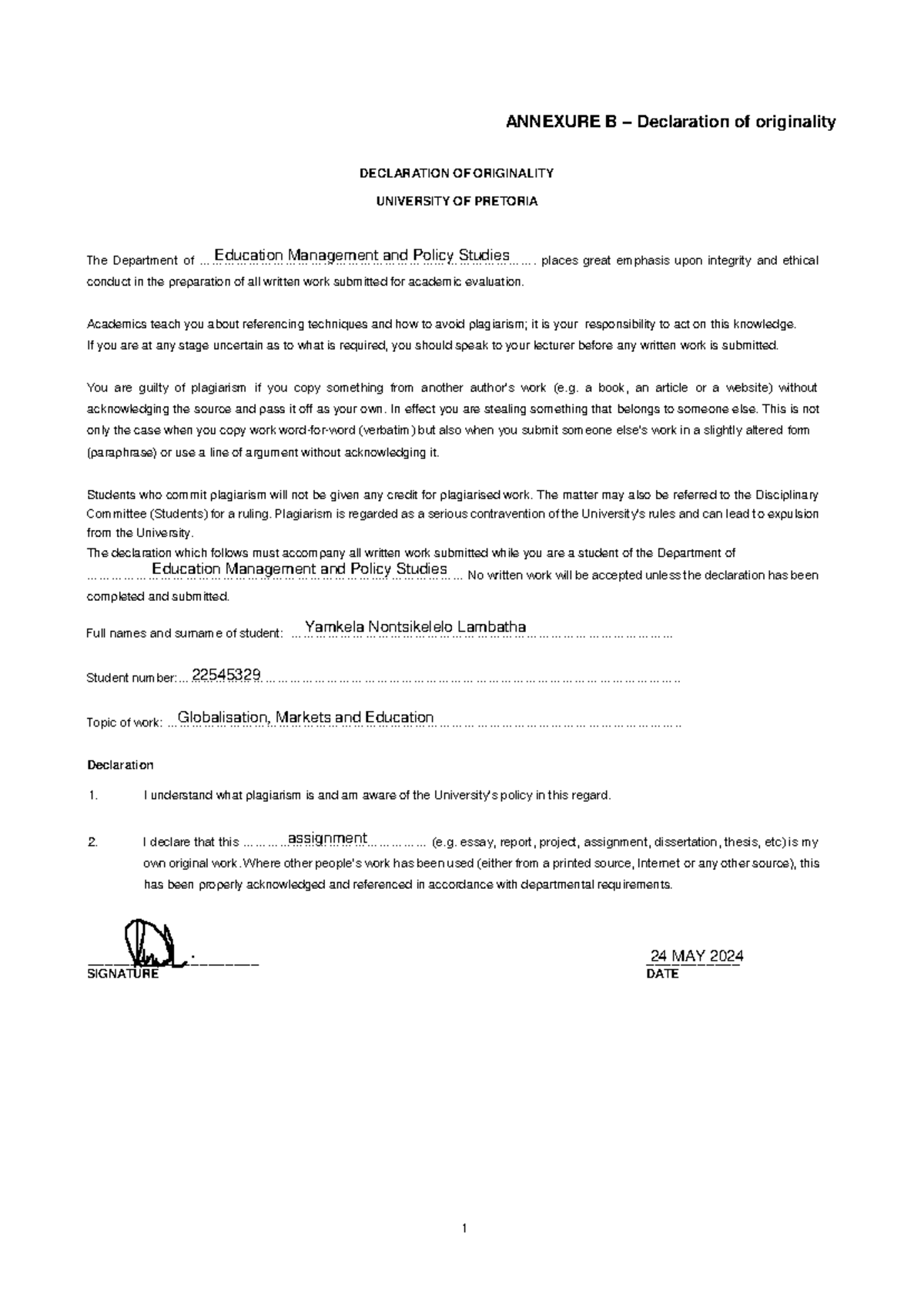 OPV 312 Declaration of Originality & Tech Integration Assignment 2 ...