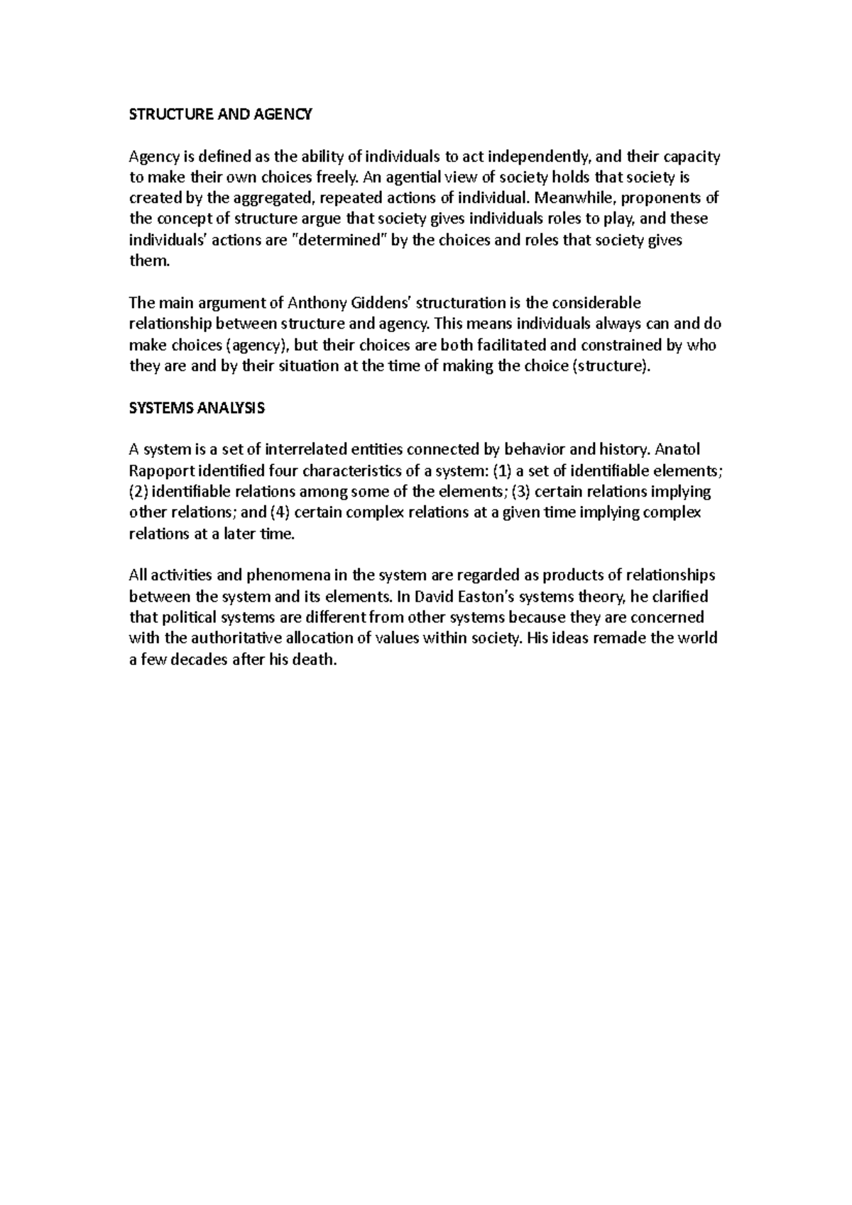 Structural Functionalism - STRUCTURE AND AGENCY Agency is defined as ...