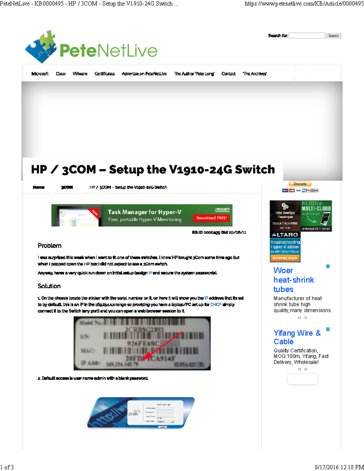 Setup the V1910-24G Switch - PeteNetLive HP 3COM Setup the Switch ...