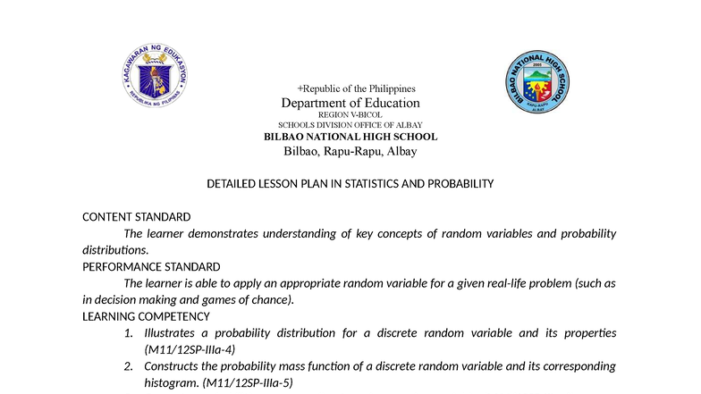 Detailed Lesson Plan in Statistics and Probability (LP-2) - Studocu