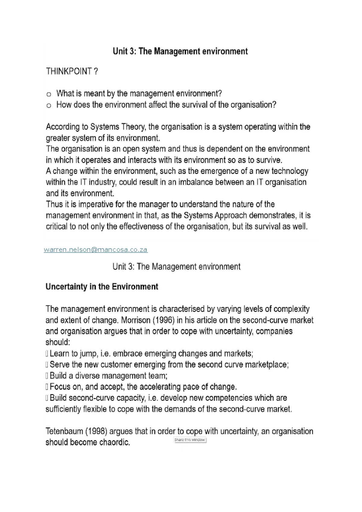 Unit 3: Understanding the Management Environment and Its Impact - Studocu
