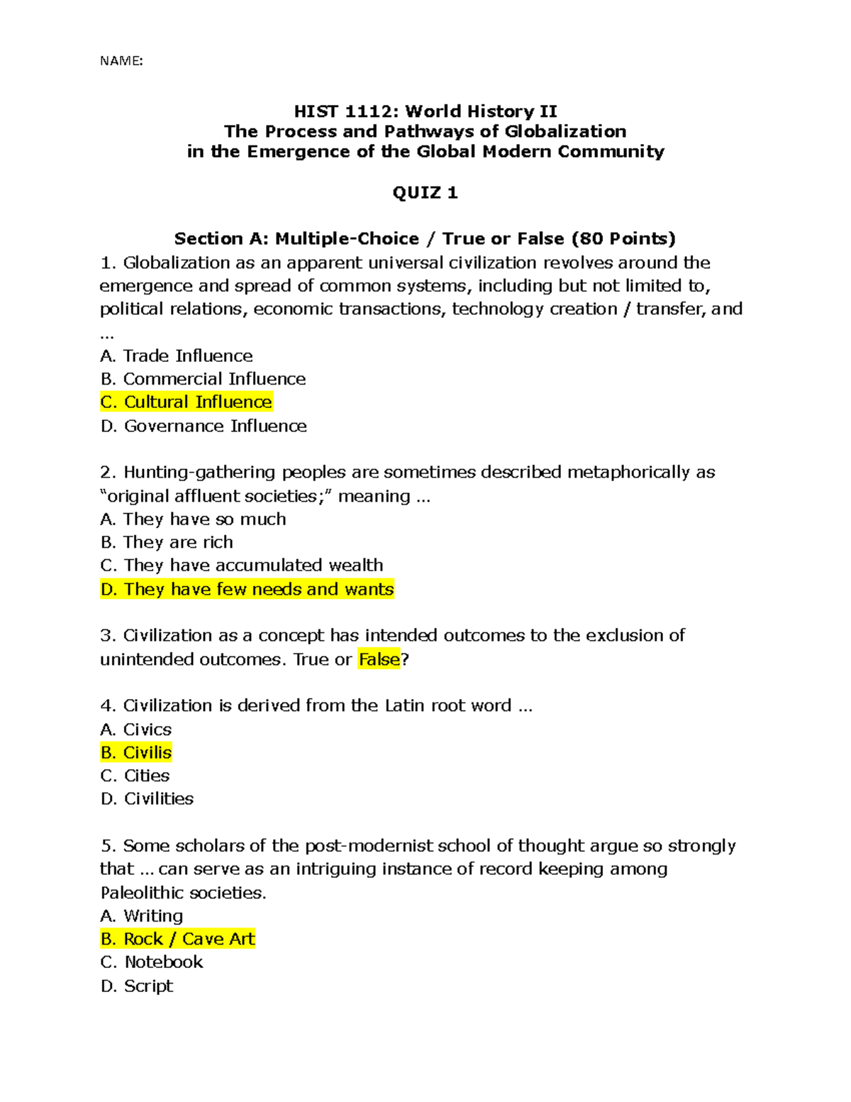 HIST 1112 Quiz 1: Globalization and its Impact on Modern Society - Studocu