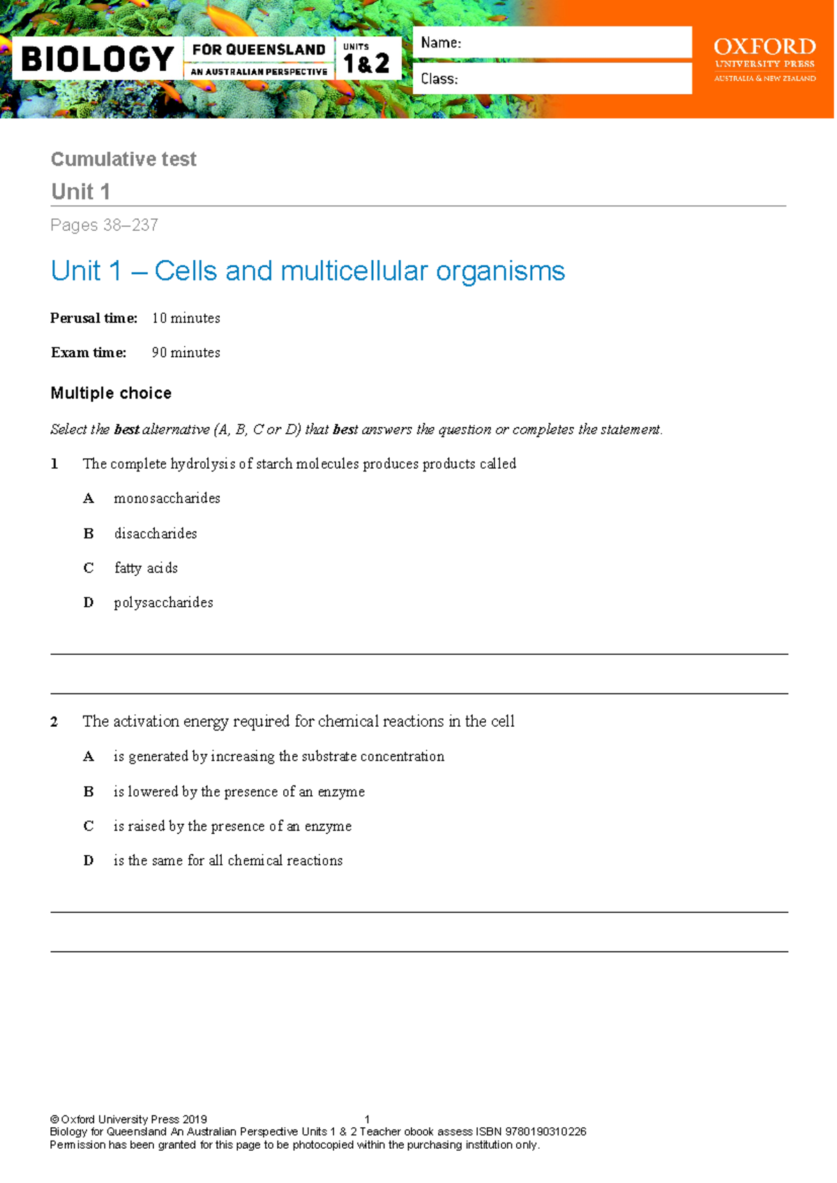 QLD BIO1&2 Unit 1 Cumulative Test - Cumulative test Unit 1 Pages 38 ...