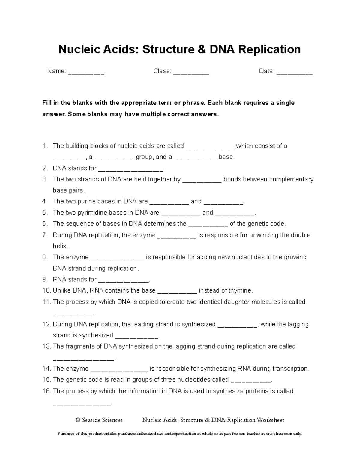 Nucleic Acids Structure DNAReplication Worksheet-1 - © Seaside Sciences ...
