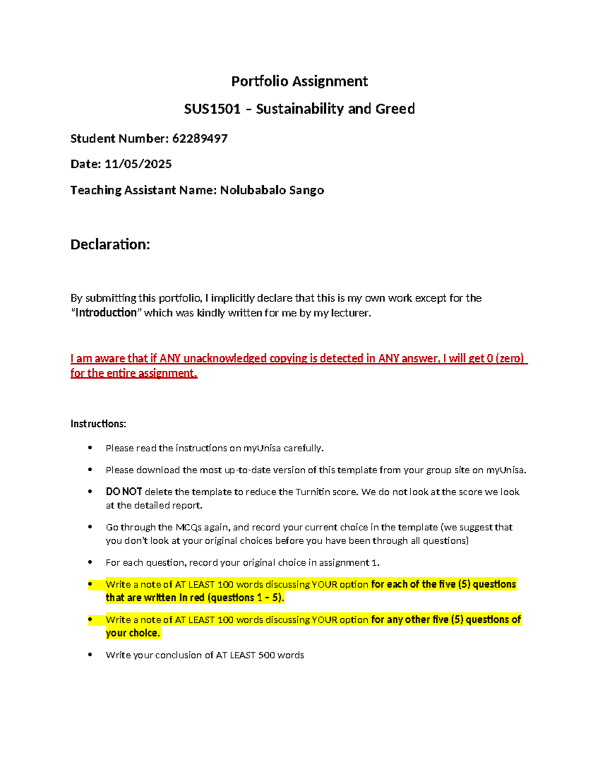 SUS1501 Portfolio Assignment: Sustainability and Greed Insights - Studocu