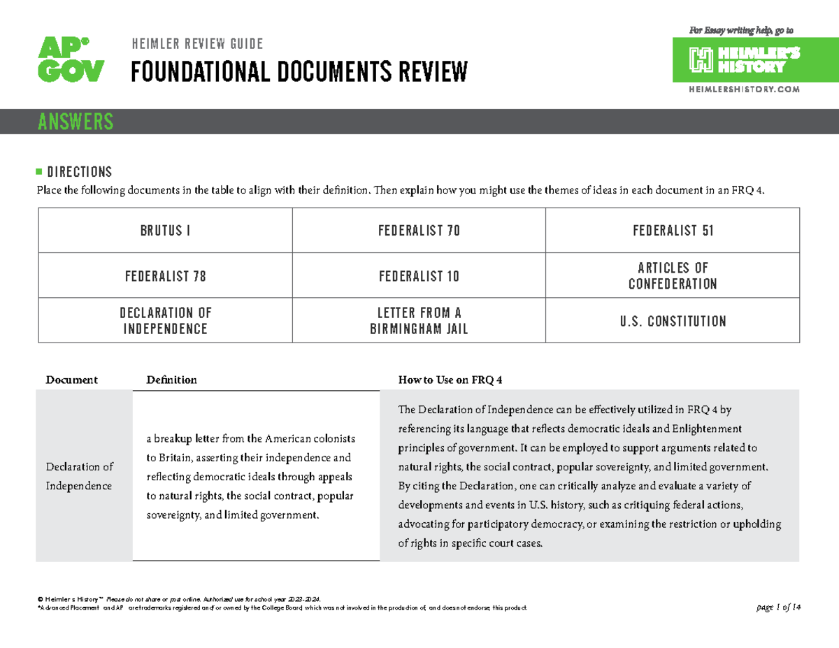 AP US Government (2023-2024) Foundational Documents Review Guide - Studocu