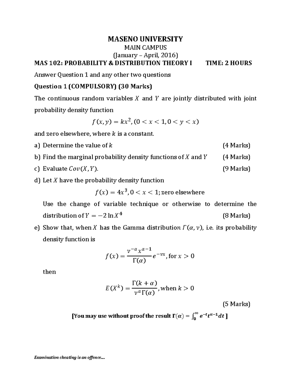 MAS 102 Exam - probability distribution 1 sample paper - MASENO ...