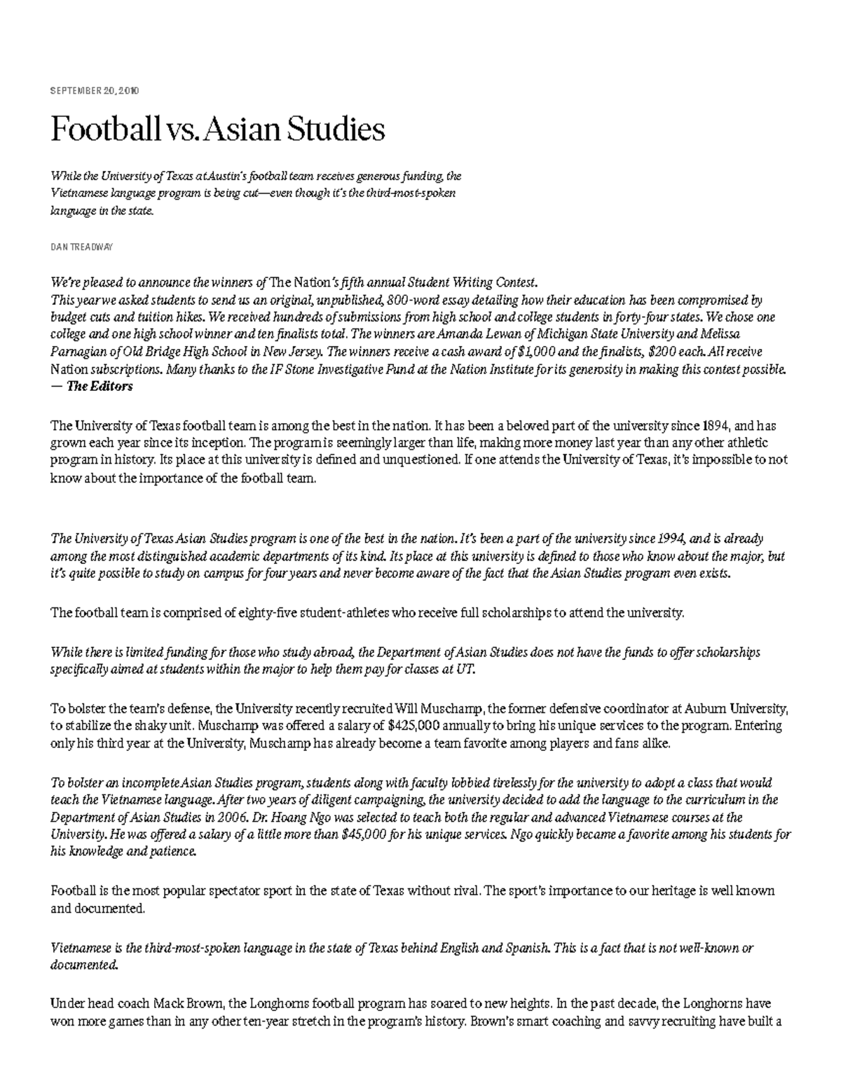Asian Studies vs. Football Funding at UT Austin: A Critical Essay - Studocu