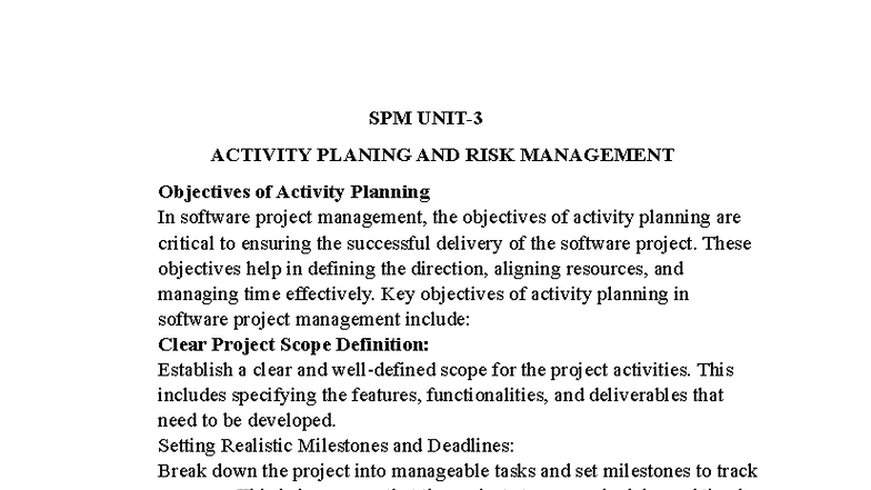 SPM UNIT-3: Activity Planning & Risk Management Notes - Studocu