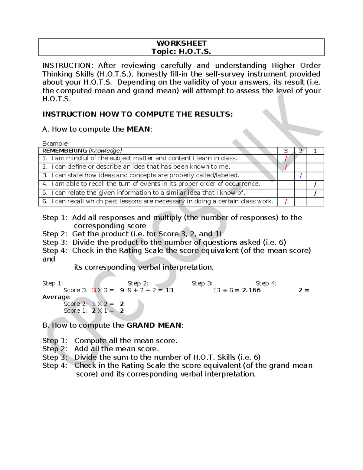 Worksheet for Higher Order Thinking Skills (H.O.T.) - EHERGEW - Studocu
