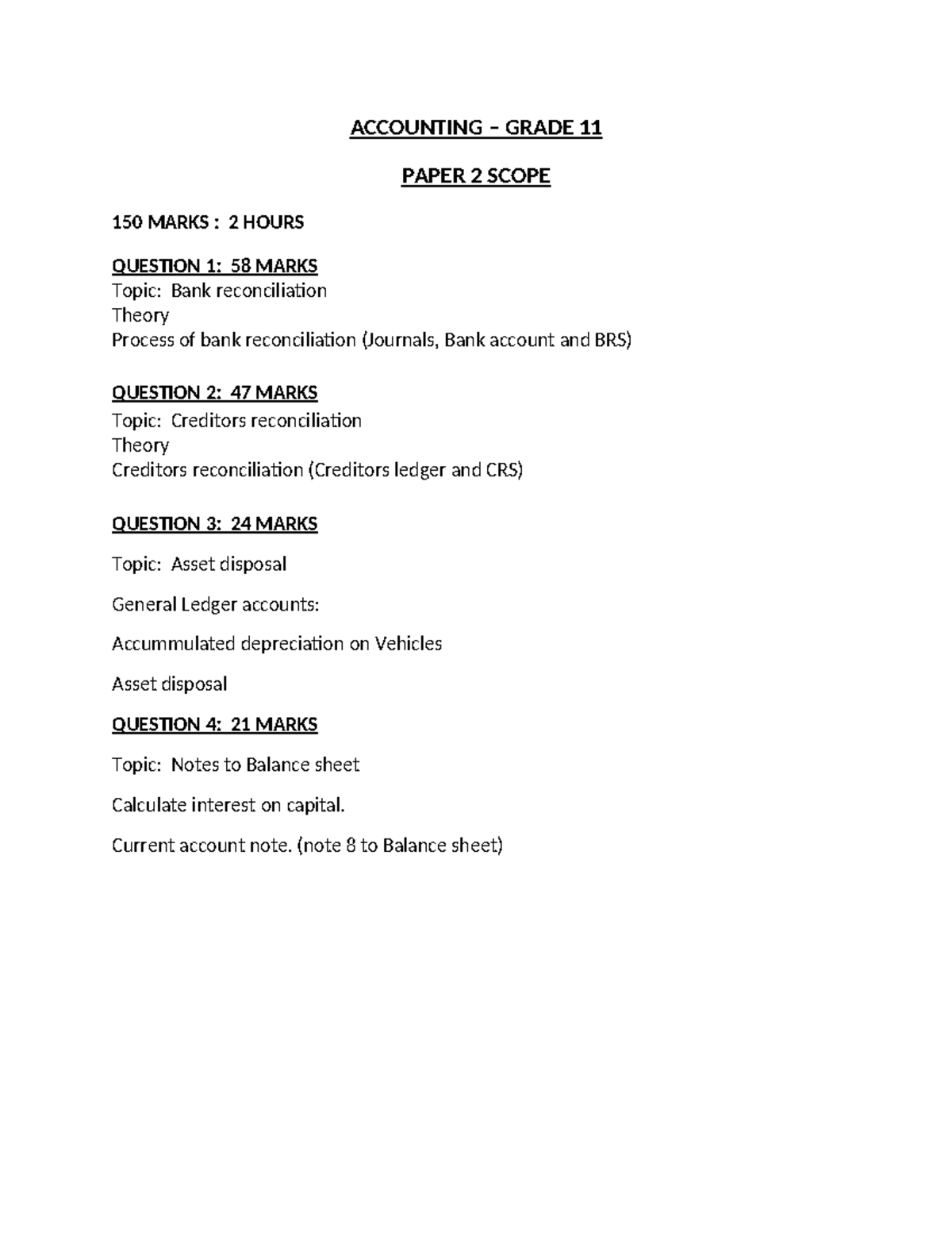 Paper 2 scope - ACCOUNTING – GRADE 11 PAPER 2 SCOPE 150 MARKS : 2 HOURS ...
