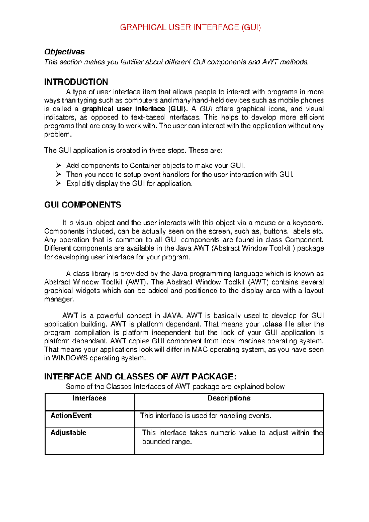 UNIT IX - GUI Components and AWT Methods Overview - Studocu