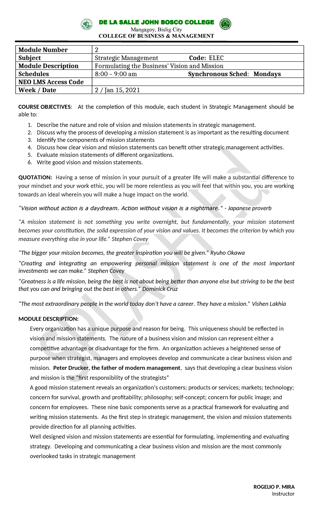 Strategic Management Module 2: Vision and Mission Statements - Studocu
