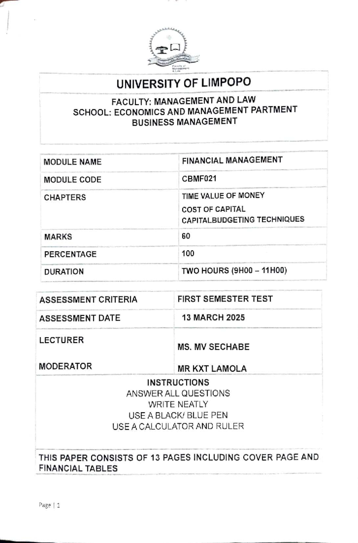 Financial management (test 1 -2025) - MODULENAME MODULE CODE CHAPTERS ...