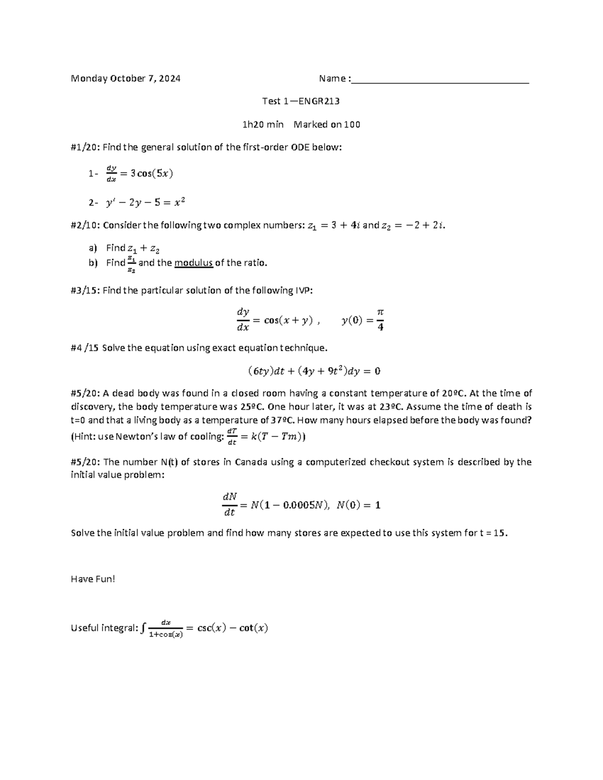 Test 1 - Midterm Sample 2024: ODEs & Complex Numbers Solutions - Studocu