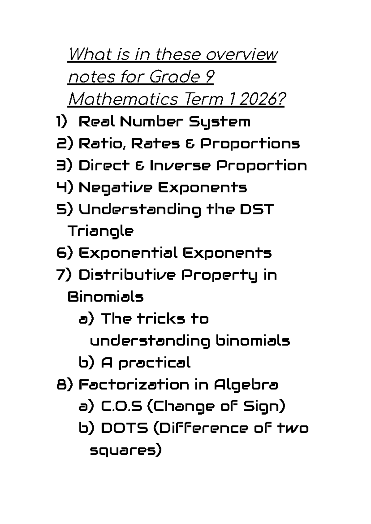 Grade 9 Math Overview Notes - Term 1 2026 - Studocu