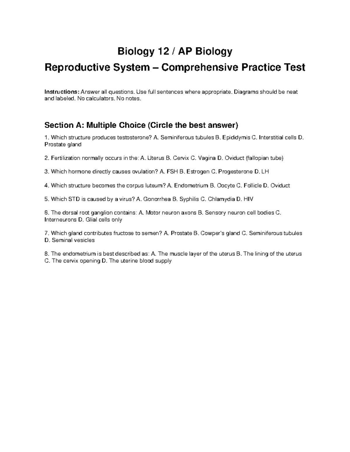 Biology 12 AP Reproductive System Comprehensive Practice Test - Studocu