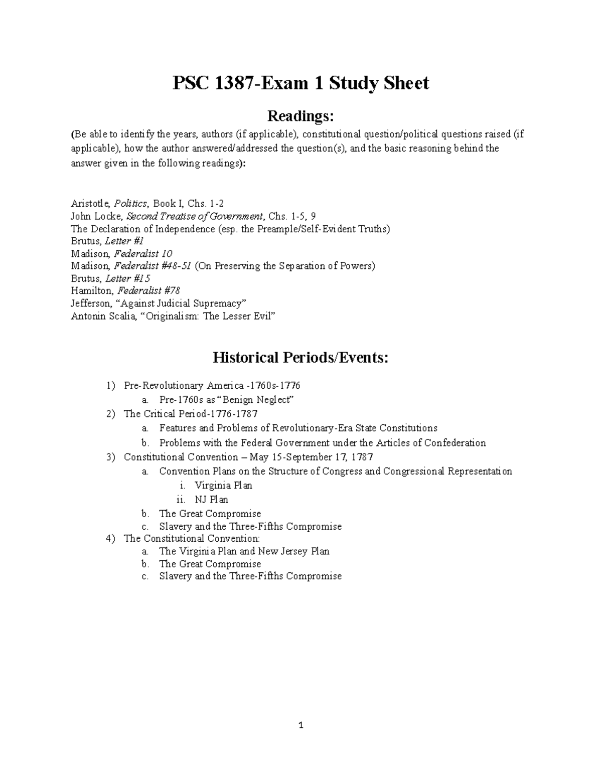 PSC 1387 - Exam 1 Study Sheet: Constitutional Principles & Readings ...