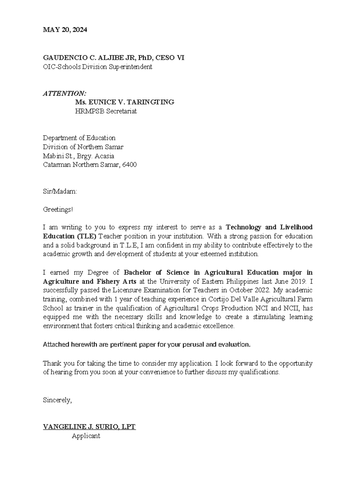 Application Letter for TLE Teacher Position - Methods of Planting - Studocu