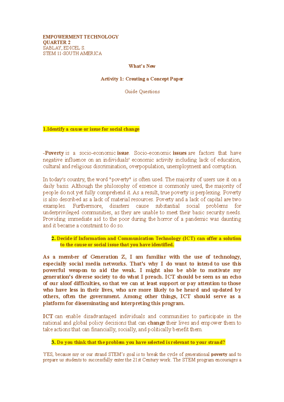 Empowerment Tech Concept Paper: Addressing Poverty in STEM 11-SAM - Studocu