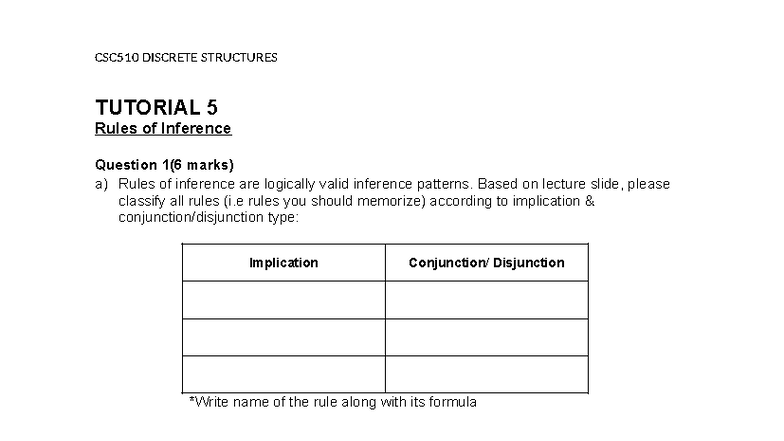 CSC510 DISCRETE STRUCTURES TUTORIAL 5: Rules of Inference Analysis ...