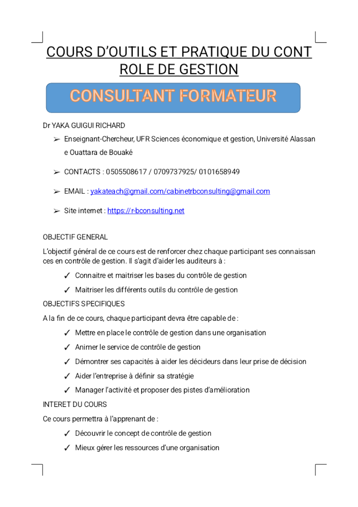 Cours D' Outils ET Pratique DU Controle DE Gestion UAO Bouake Phoenix ...