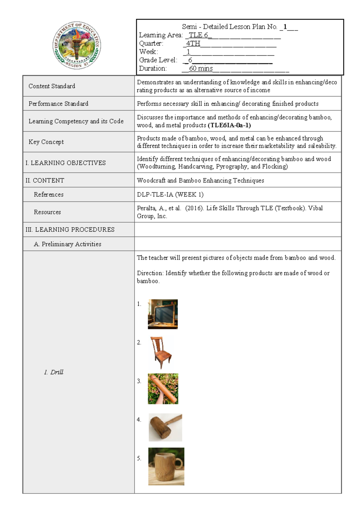 Enhancement Techniques of Woodcraft and Bamboo: Lesson Plan TLE - Studocu