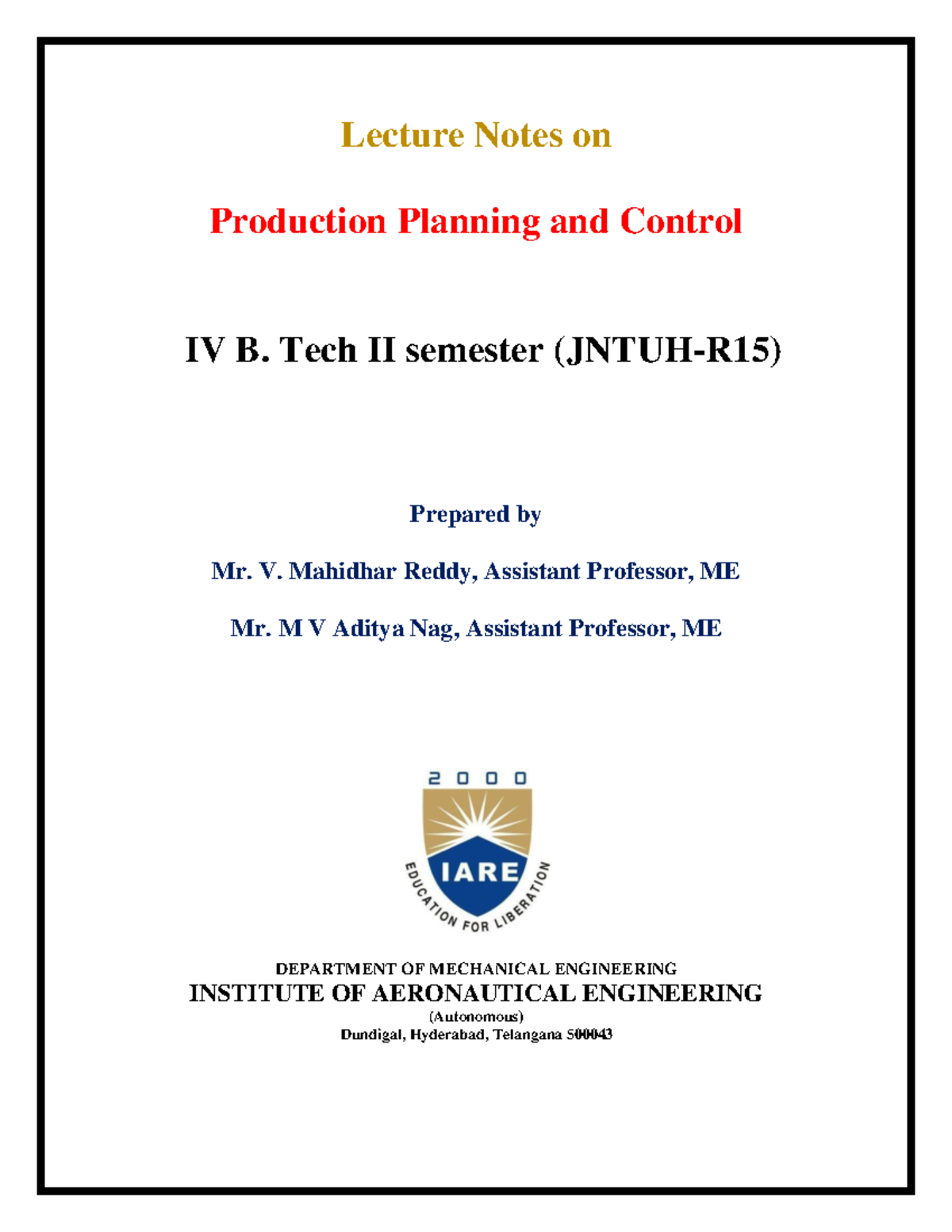 PPC Lecture Notes - Comprehensive Guide to Production Planning and ...