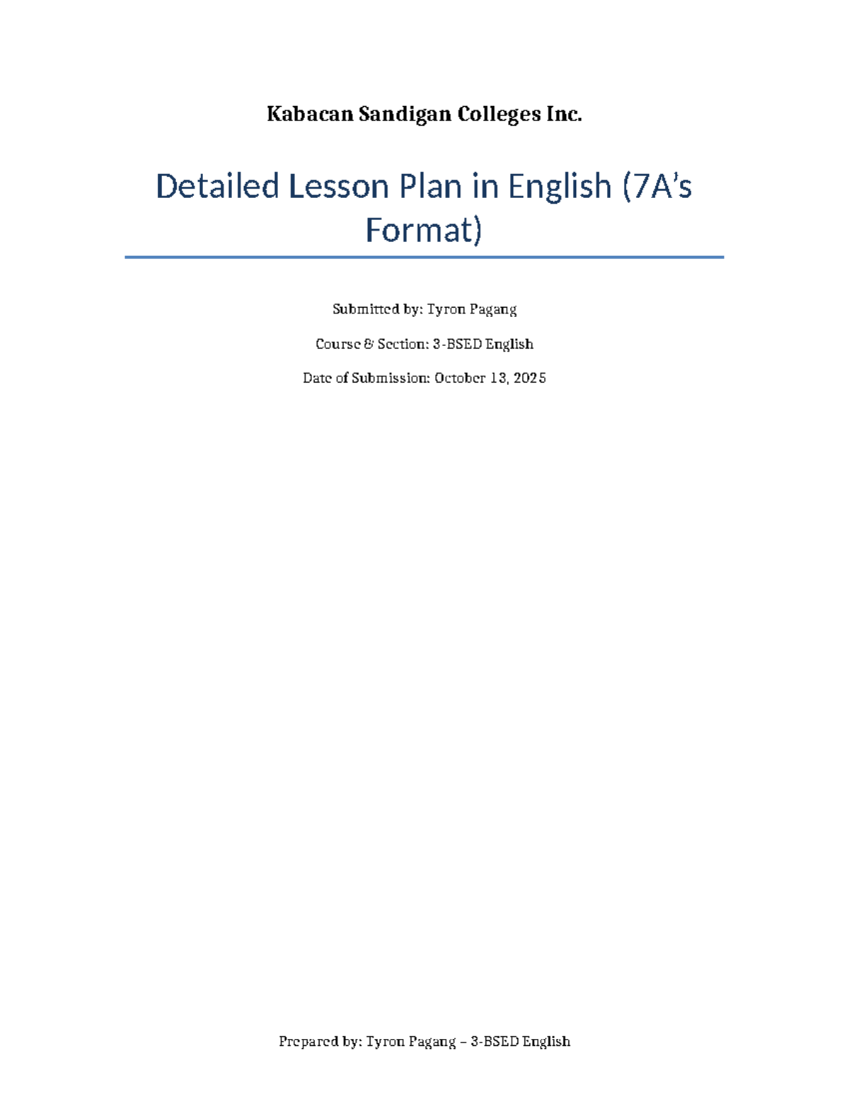 English 7 Detailed Lesson Plan: Nouns & Pronouns Activities - Studocu