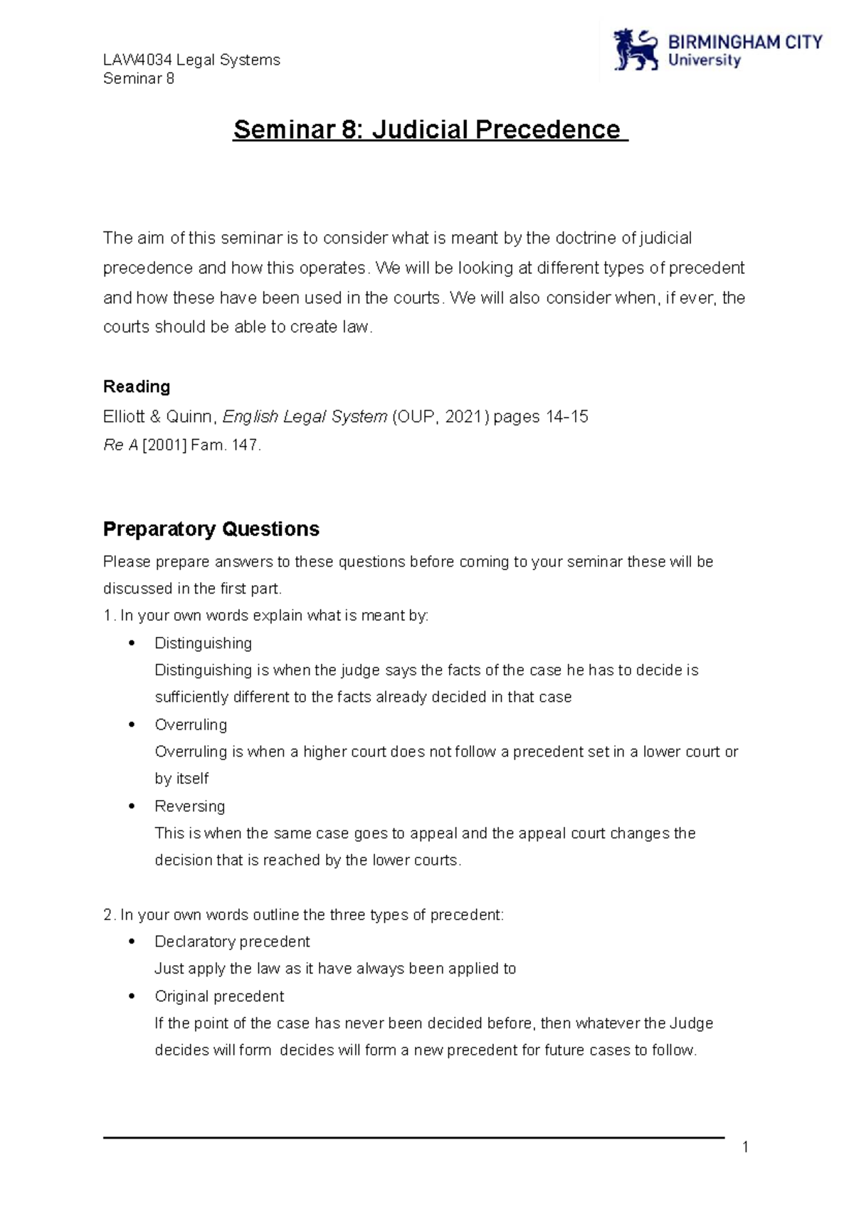 LAW4034 Seminar 8: Understanding Judicial Precedence in Law - Studocu