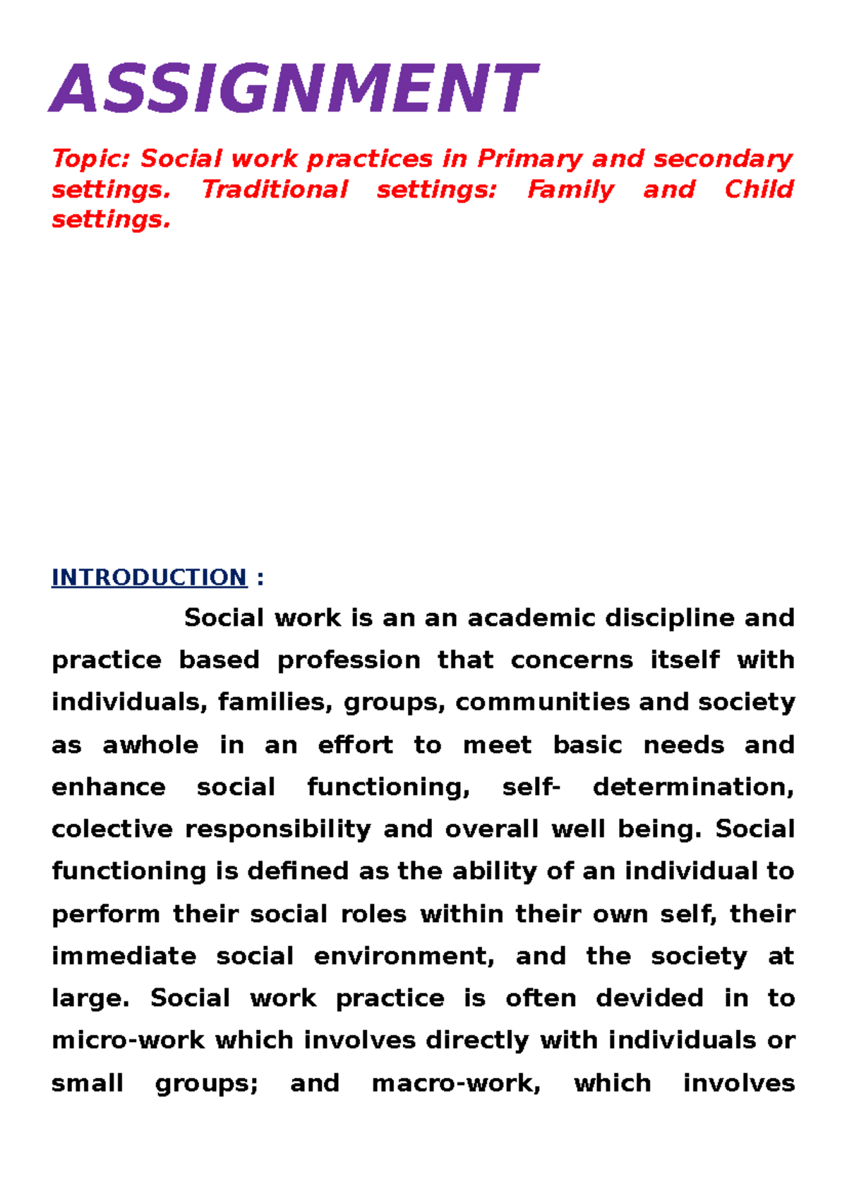 Social work practices settings 2 - ASSIGNMENT Topic: Social work ...