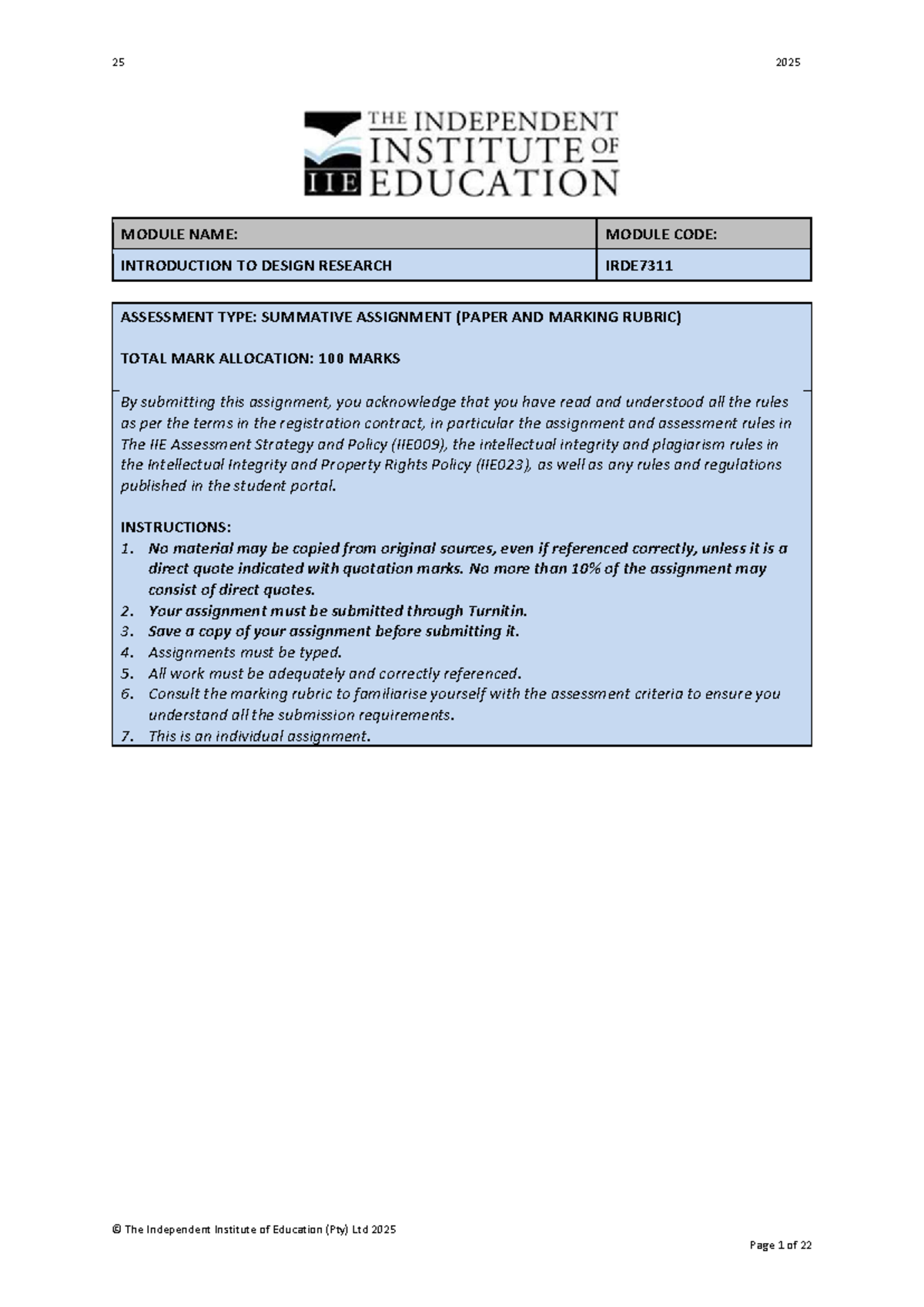 IRDE7311 Summative Assignment Guidelines for Design Research - Studocu